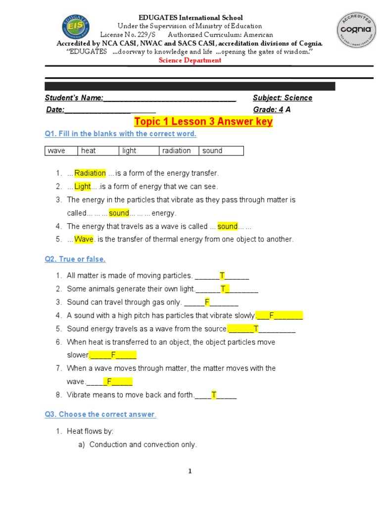 Topic 1 Lesson 3 Answer Key | PDF | Light | Sound