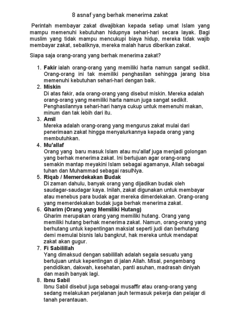 8 Asnaf Yang Berhak Menerima Zakat | PDF