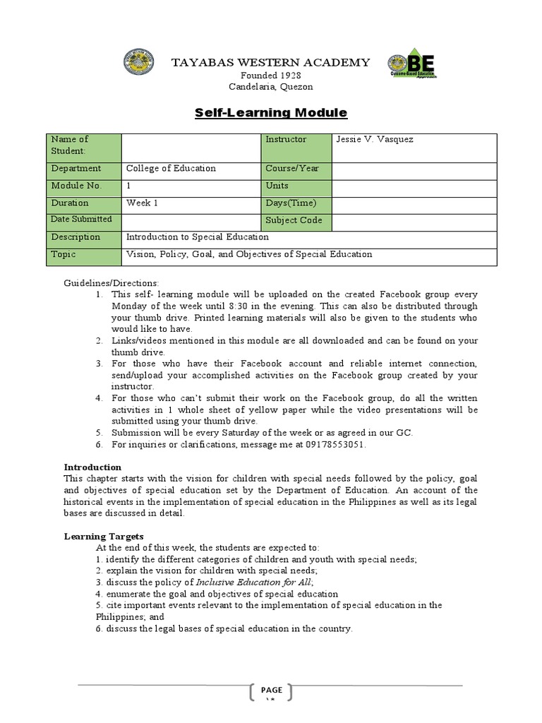 Introduction to Special Education Module | PDF | Special Education ...