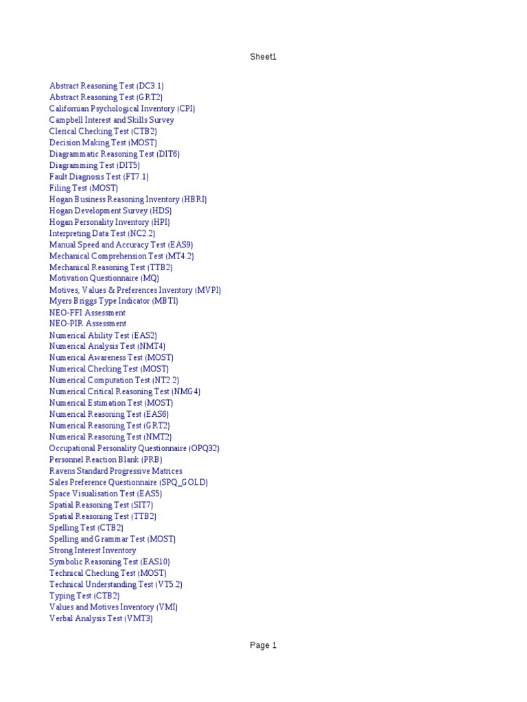 List of Various Psychometric Tests | PDF | Reason | Educational Psychology