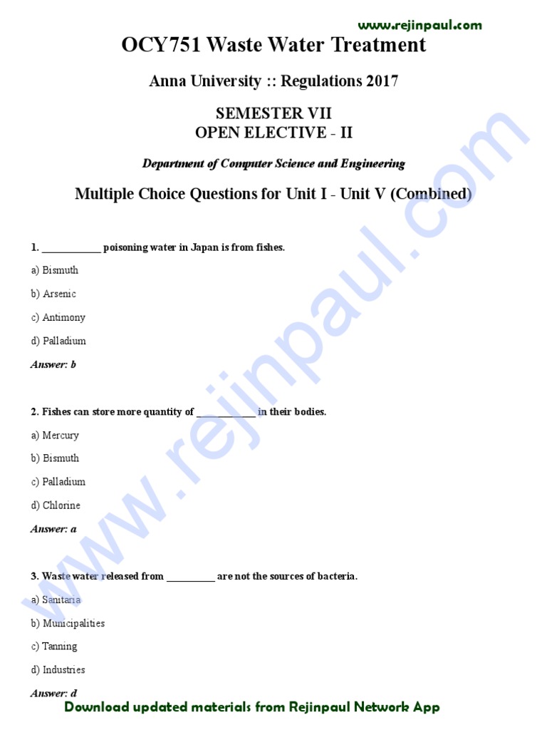 OCY751 Waste Water Treatment MCQ Unit 1 To 5 | PDF | Sewage Treatment ...