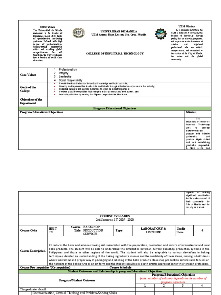 Course Syllabus Obe Format Bakeshop Production | PDF | Baking | Cakes