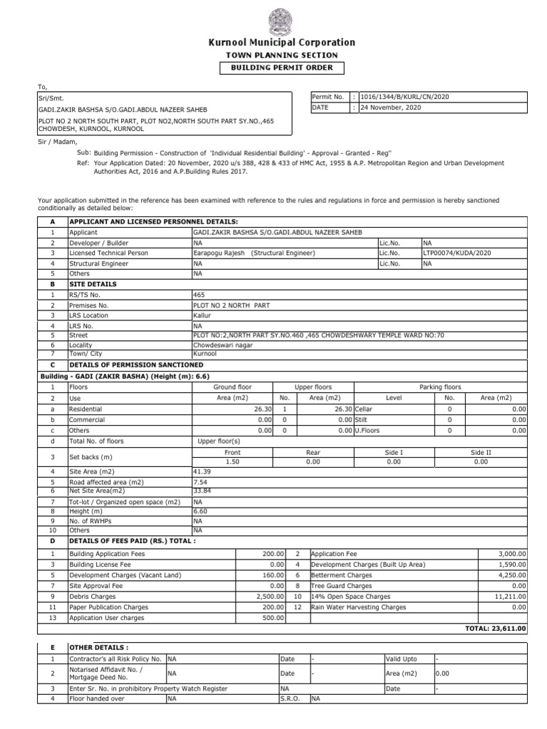 Kurnool Municipal Corporation: Town Planning Section Building Permit ...