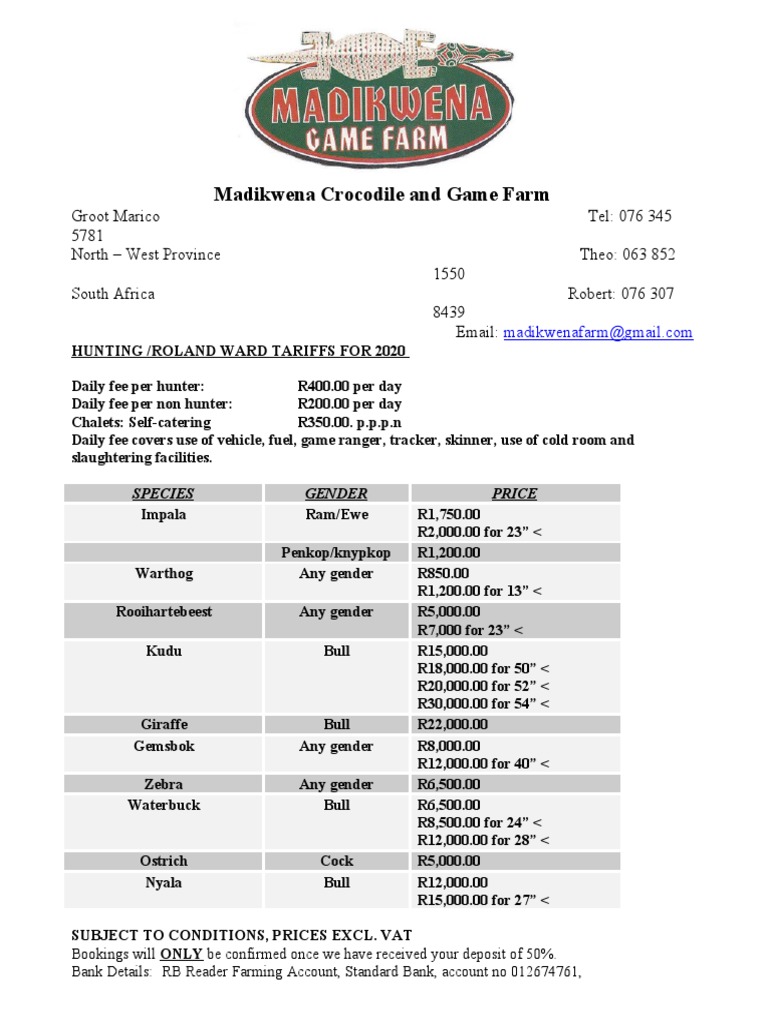 Madikwena Game Farm Hunting Prices 2024 | PDF | Business | Nature