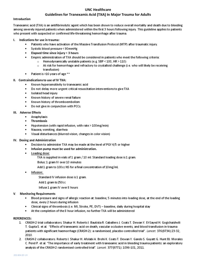 Tranexamic Acid Txa in Major Trauma For Adults Guidelines 1 | PDF ...