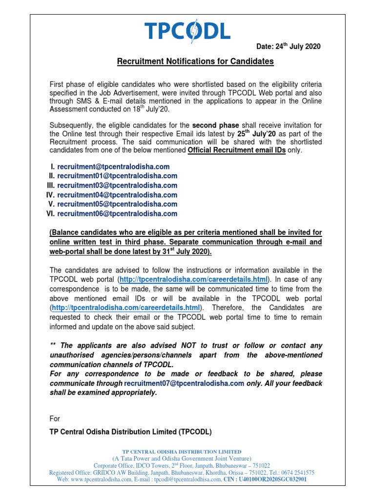 RecruitmentNotifications - TPCODL - 24072020 | PDF | Recruitment ...