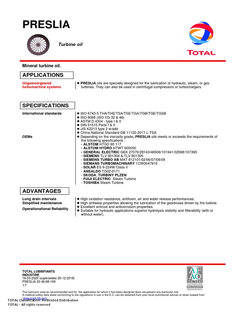 Total Preslia Turbine Oil Specifications | PDF | Motor Oil | Mechanical ...
