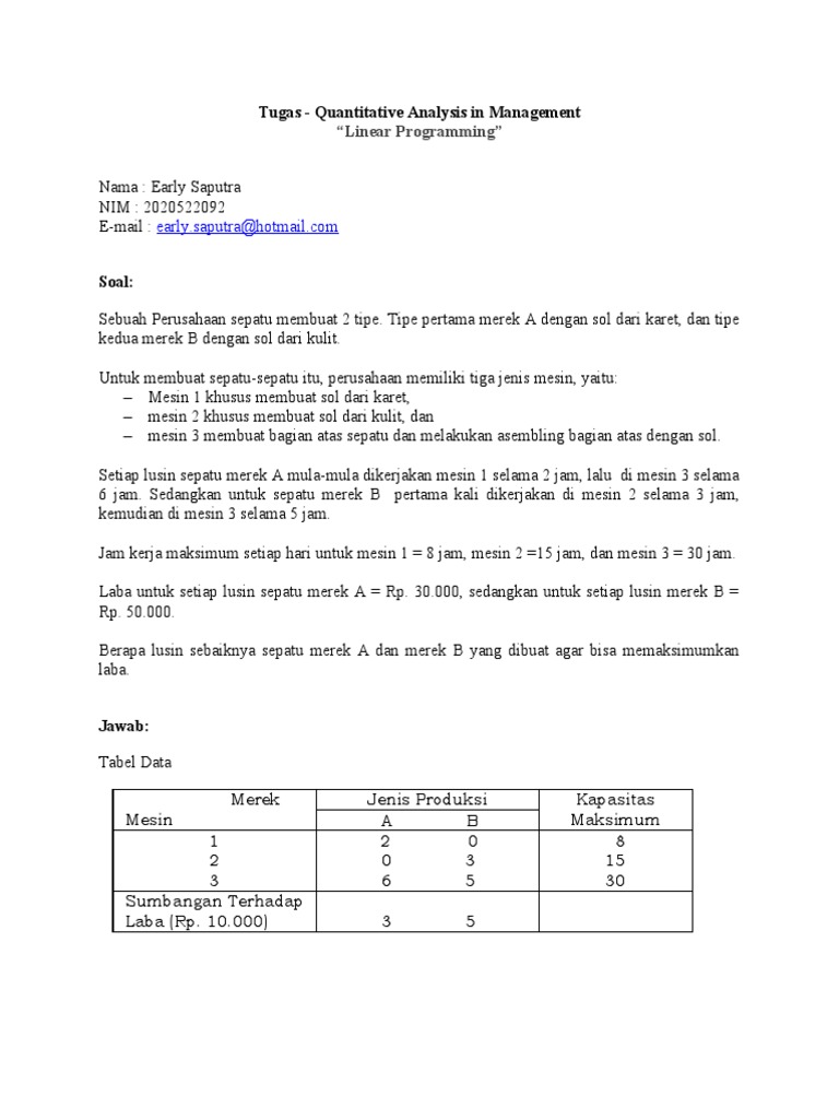 Tugas Linear Programming - Early Saputra - 2020522092 | PDF