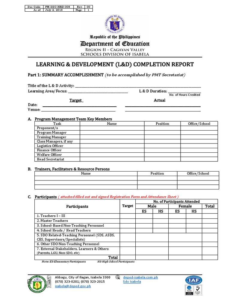 FM-SGO-HRD-008 (L - D Completion Report) INSET | PDF | Human Nature ...