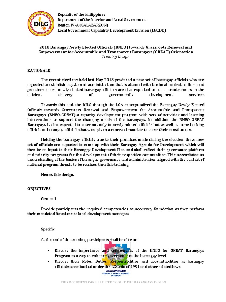 BNEO 2018 Master Training Design | PDF | Policy | Government