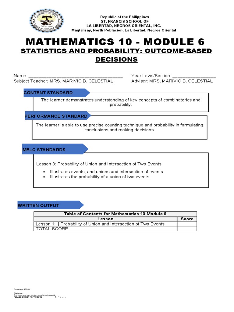 Mathematics 10 - Module 6: Statistics and Probability: Outcome-Based Decisions | PDF ...