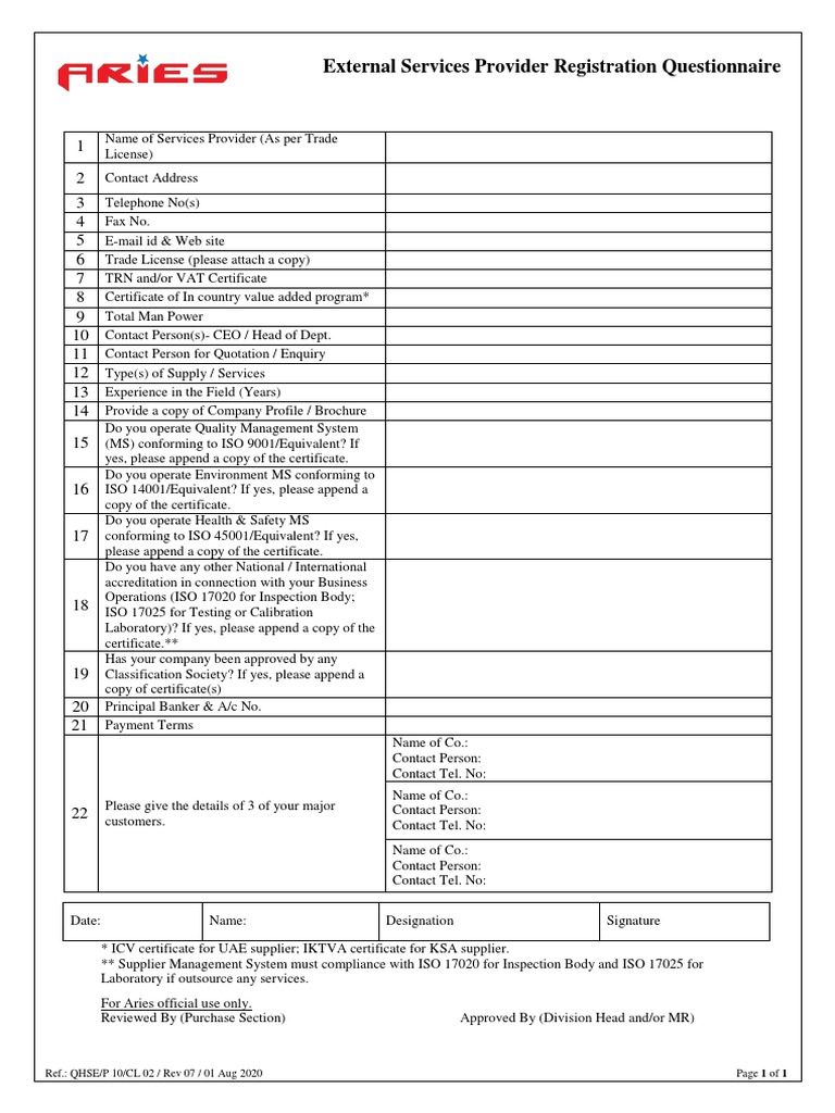 External Services Provider Registration Questionnaire | PDF | Business