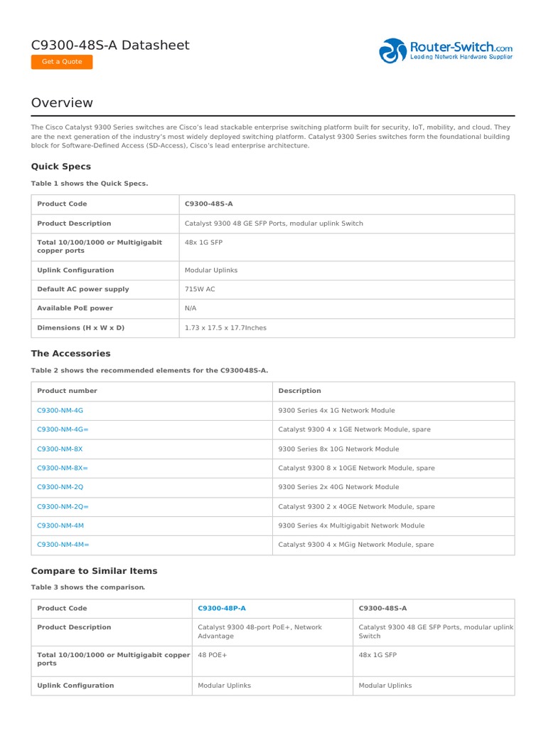 C9300-48S-A Datasheet: Quick Specs | PDF | Communications Protocols ...