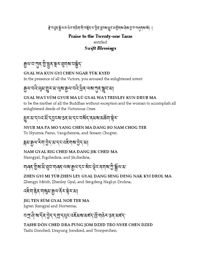 Praise To Twenty One Taras 1 | PDF | Buddhist Philosophical Concepts