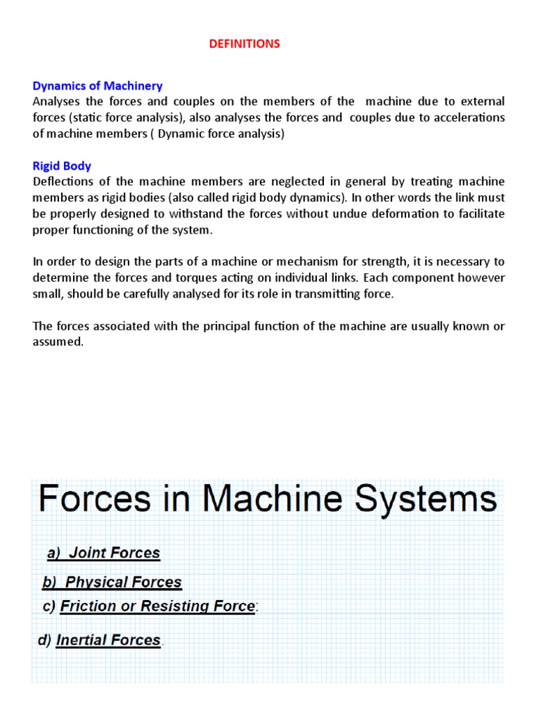 Dynamics of Machinery: Definitions | PDF | Machines | Force