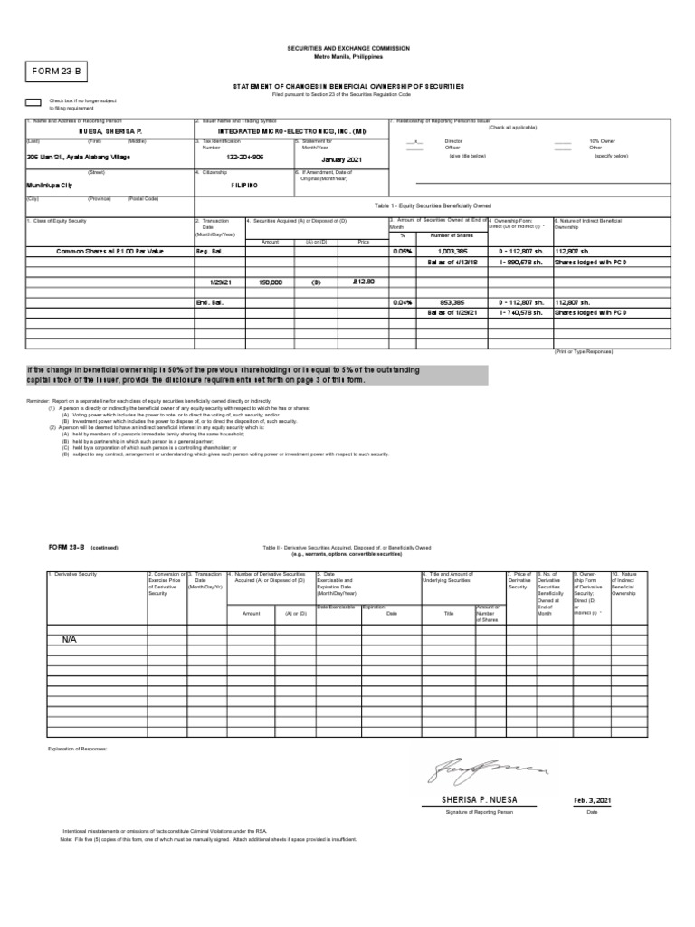 FORM 23-B: Securities and Exchange Commission Metro Manila, Philippines ...