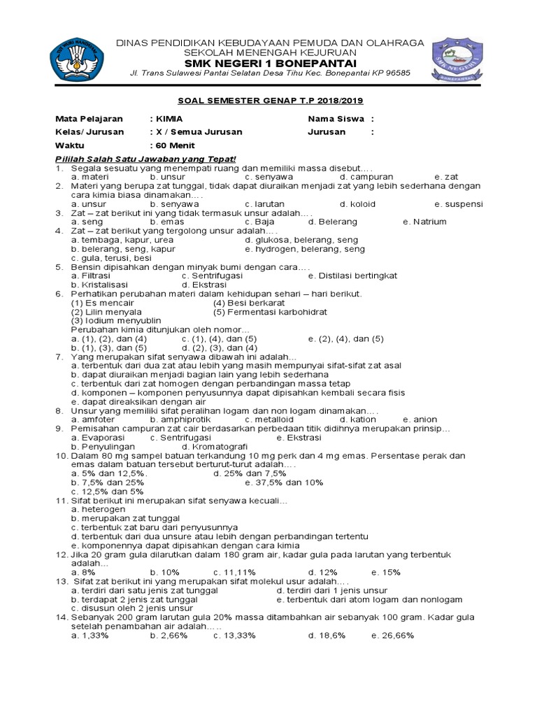 Soal Kimia Genap Kelas X | PDF