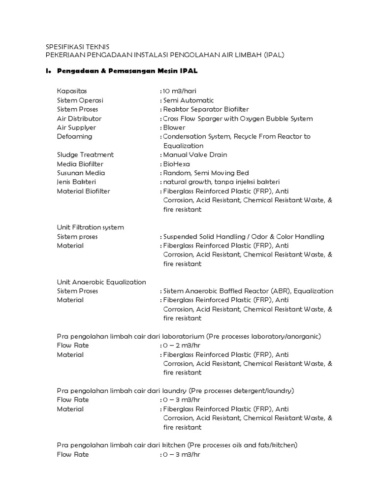 Spesifikasi IPAL 10 m3 | PDF | Fibre Reinforced Plastic | Corrosion