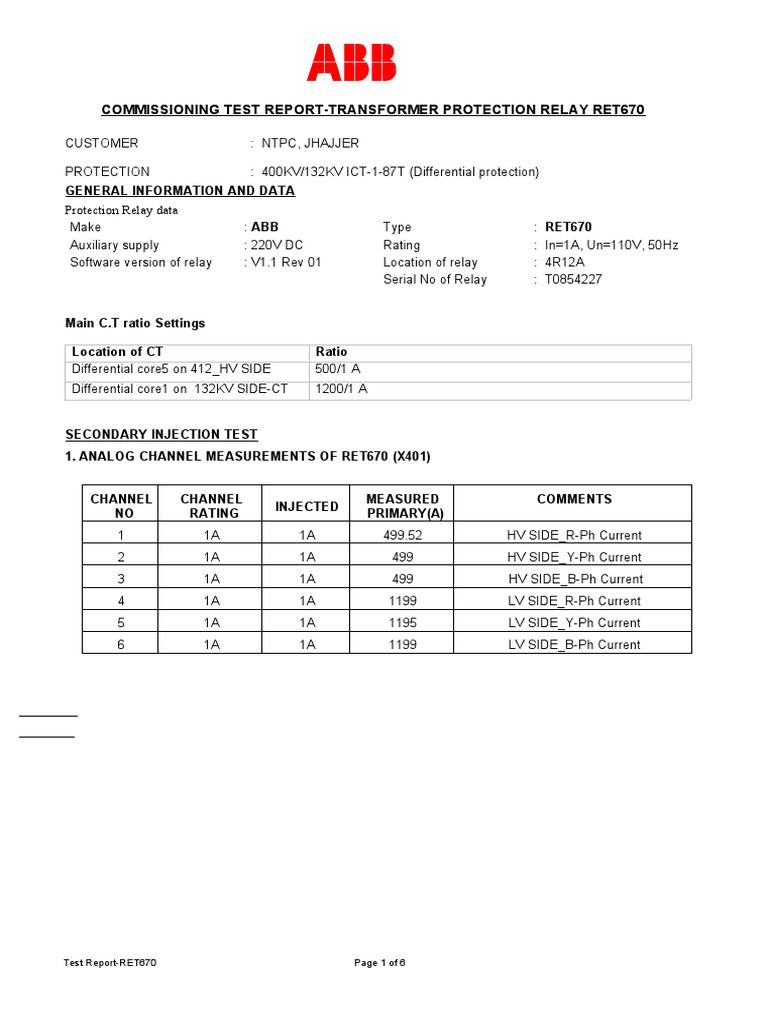 Commissioning Test Report-Transformer Protection Relay RET670 | PDF ...