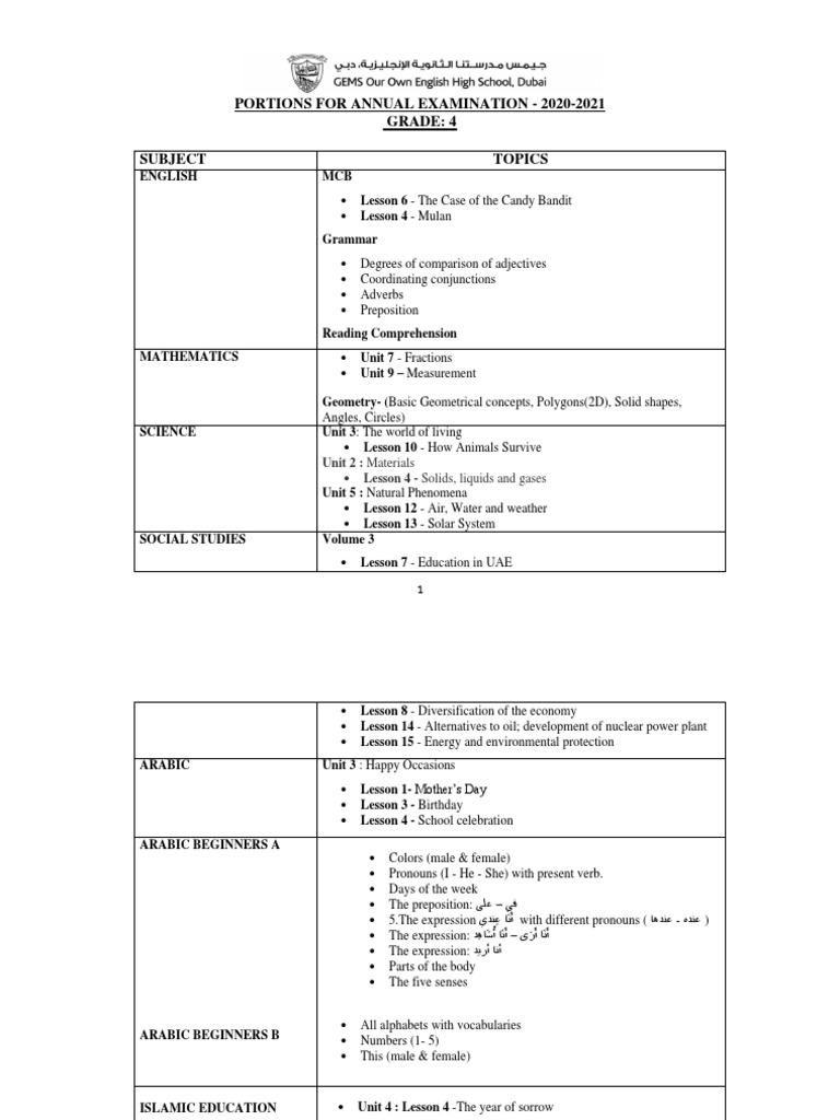 Annual Exam Portions - Grade 4 | PDF | Geometry | Linguistics