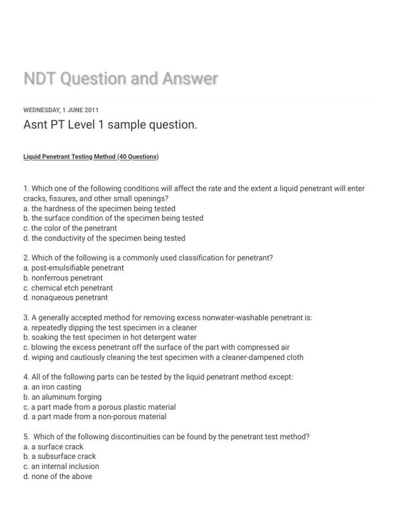 NDT Question and Answer - Asnt PT Level 1 Sample Question. | PDF