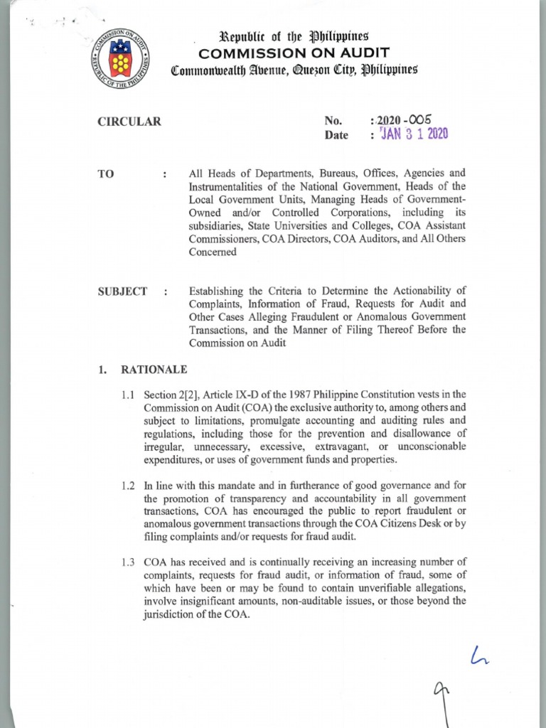 COA Circular No. 2020-005 | PDF