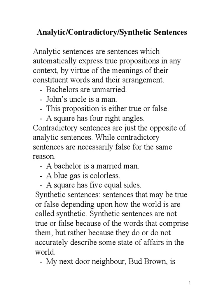 Analytic, Synthetic, and Contradictory Sentences | PDF