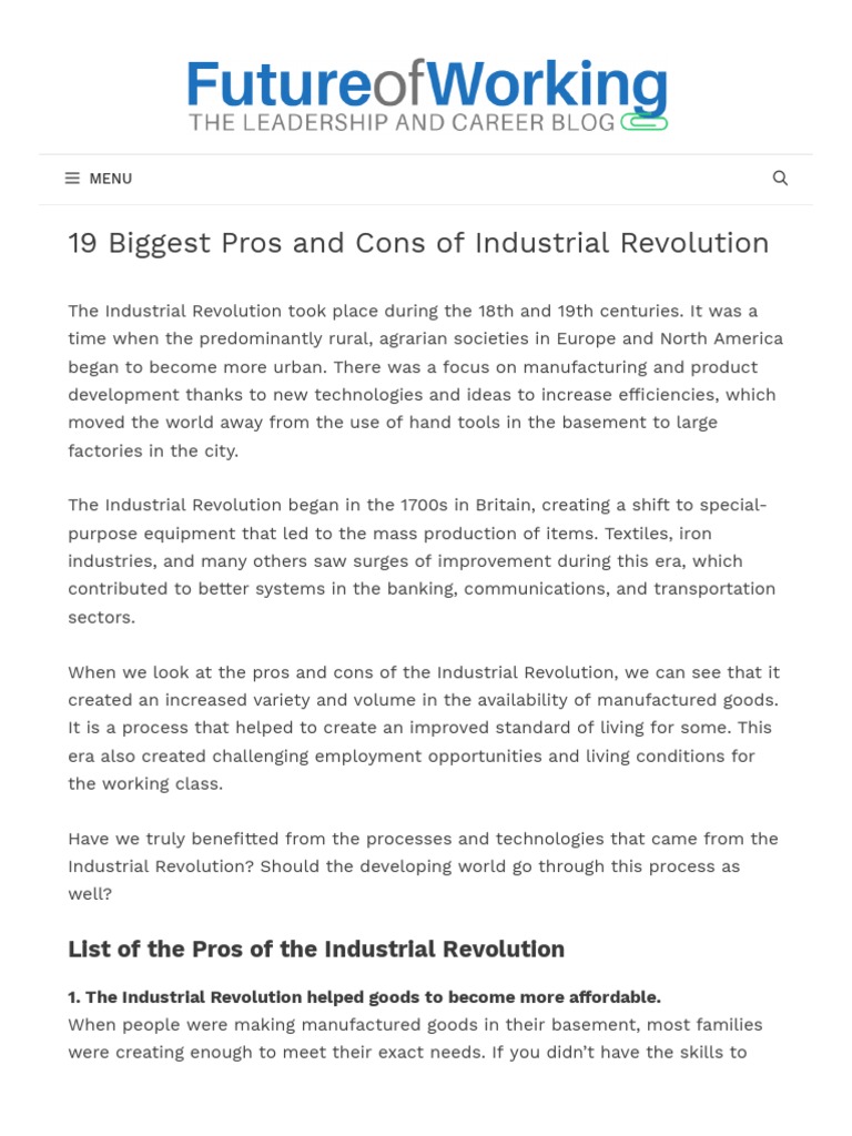 Pros and Cons of the Industrial Revolution | PDF | Industrial ...