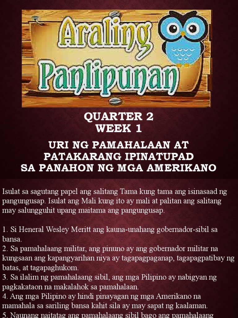 Q2 Week - Uri NG Pamahalaan at Patakarang Ipinatupad NG Mga Amerikano | PDF