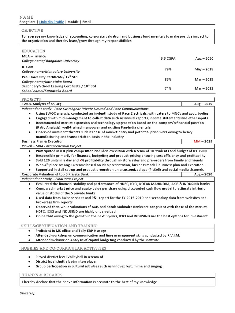 Resume Format | PDF | Valuation (Finance) | Corporations