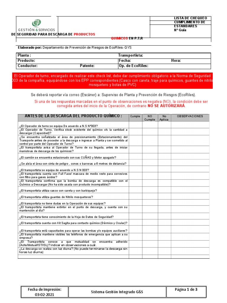 Check List Descarga de Productos Químicos 2019 V9 (00000002) | PDF ...