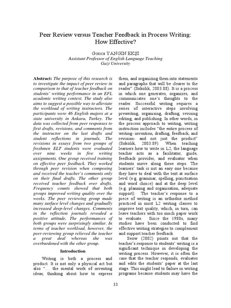 Peer Review vs. Teacher Feedback in Writing | PDF | English As A Second ...