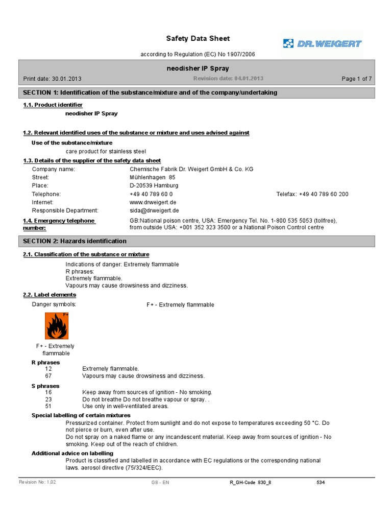 MSDS DR Weigert Spray Perawatan Instrumen Atau Neodisher IP Spray - GB ...