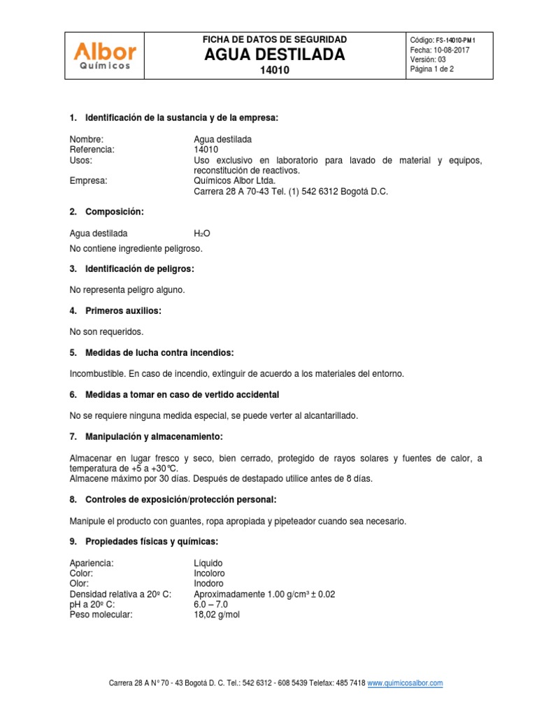 Hoja de Seguridad Agua Destilada | PDF | Agua | Ciencias fisicas