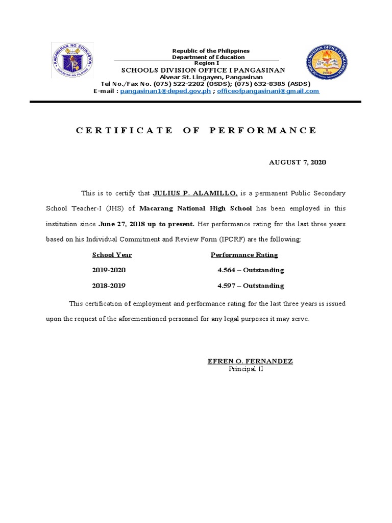 Certificate of Performance for Teacher | PDF