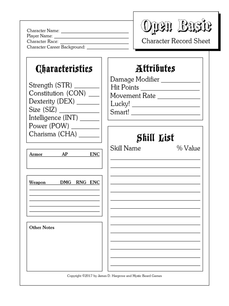 RPG - Open Basic - Character Record Sheet | PDF