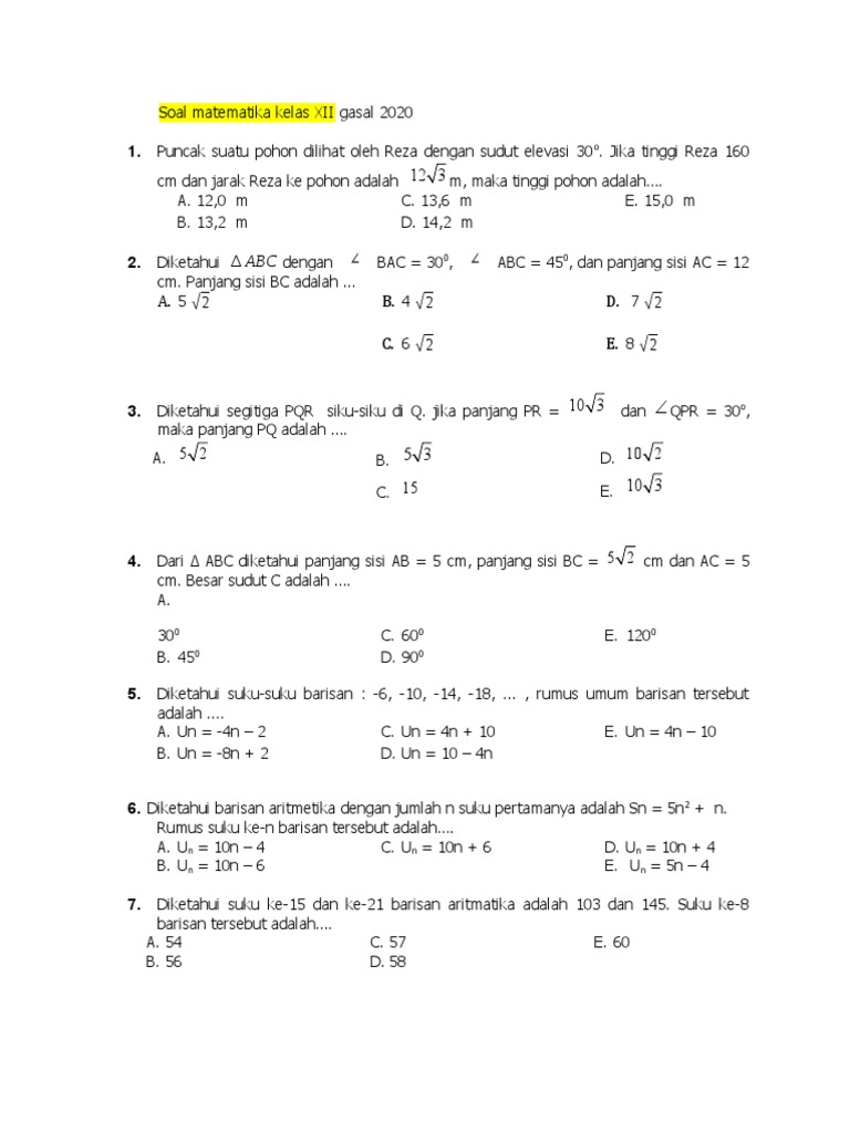 Soal Matematika Kelas Xii Gasal | PDF