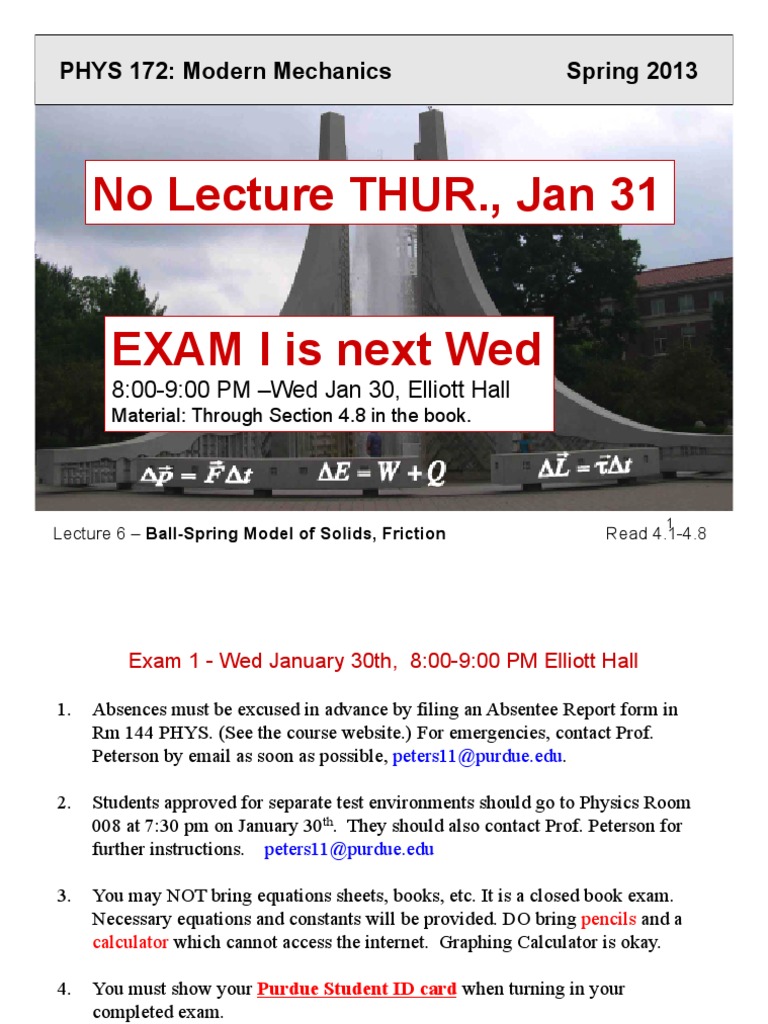 No Lecture THUR., Jan 31: Spring 2013 PHYS 172: Modern Mechanics | PDF ...