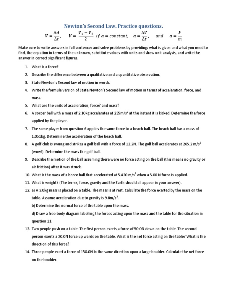 Newton's Second Law. Practice Questions | PDF | Force | Mass