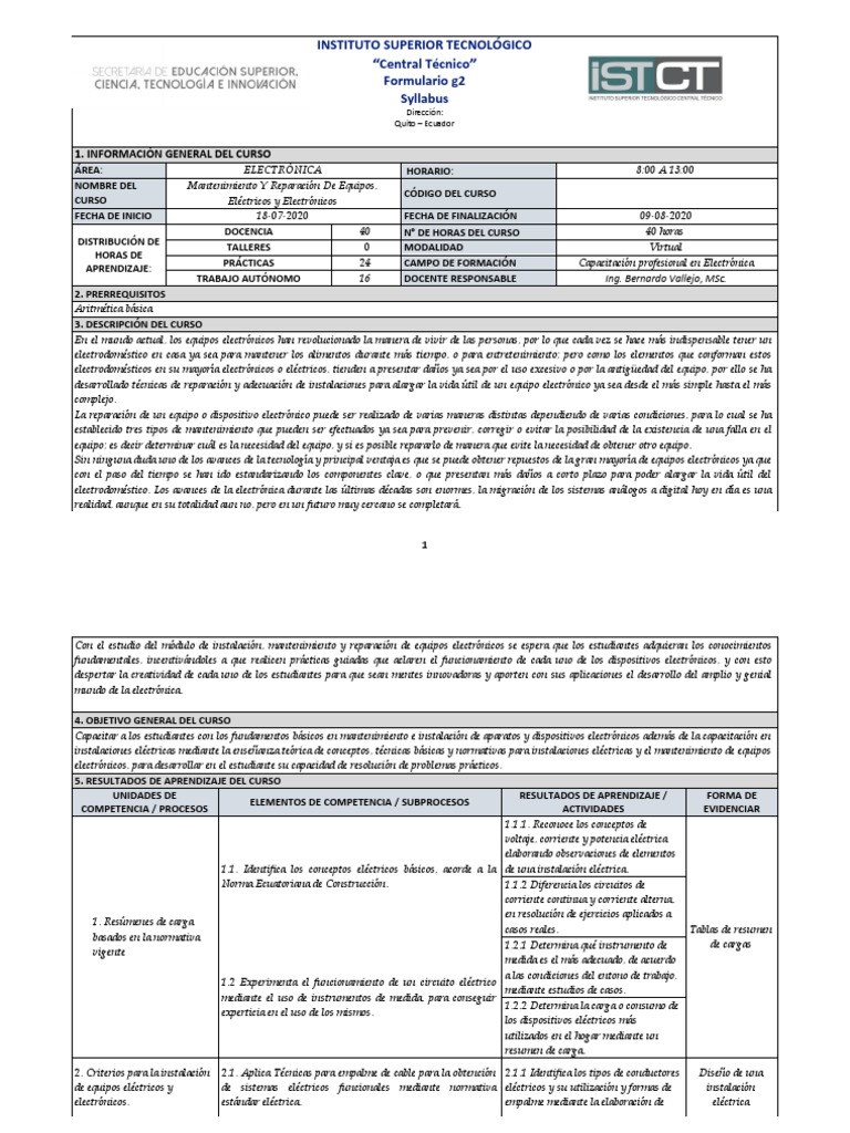 Silabo y Contenidos de Clase - Formulario g2 MREEE | PDF | Electrónica | Corriente eléctrica