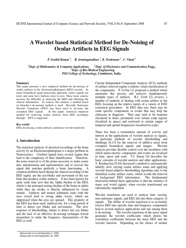 A Wavelet Based Statistical Method For De-Noising of Ocular Artifacts in EEG Signals | PDF ...