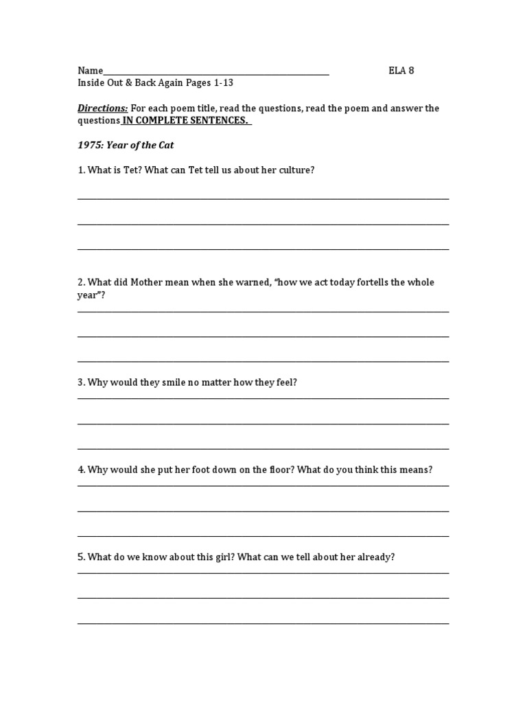 Inside Out and Back Again Readers Notes | PDF