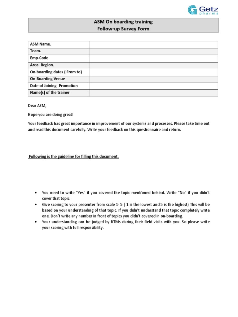 ASM On Boarding Training Follow-Up Survey Form | PDF | Microsoft Excel ...
