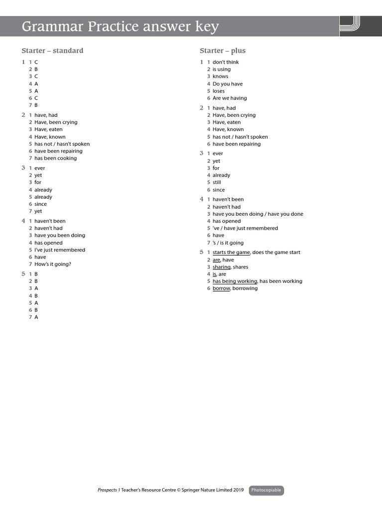 Grammar Practice Answer Key: Starter - Standard Starter - Plus | PDF ...