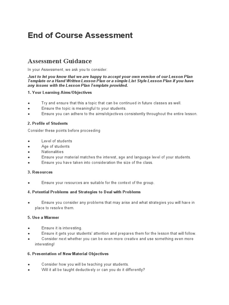 End of Course Assessment | PDF | Lesson Plan | Education Theory