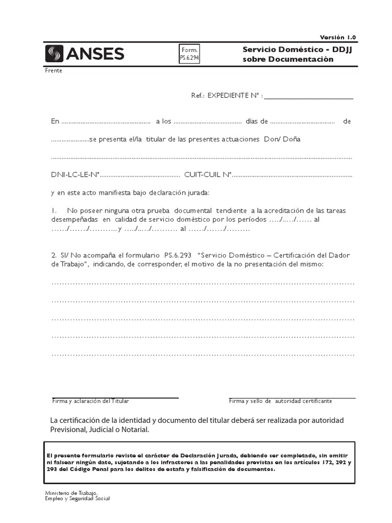Form. PS.6.294 Frente: Servicio Doméstico - DDJJ Sobre Documentación | PDF