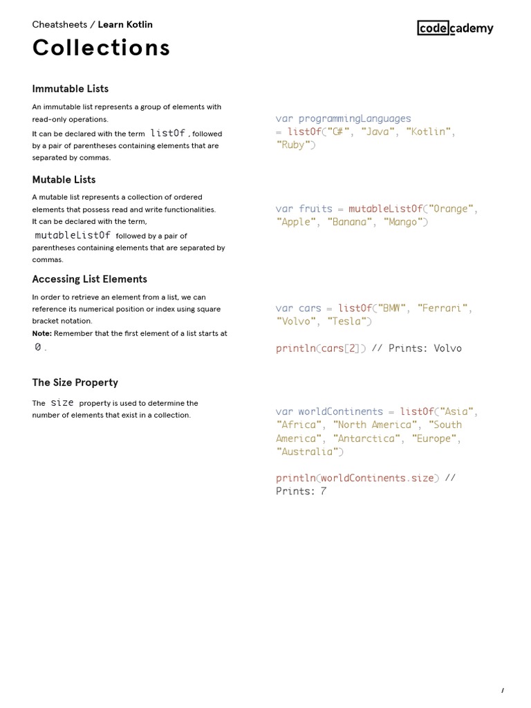 Learn Kotlin - Collections Cheatsheet - Codecademy | PDF | Computer Programming | Programming ...