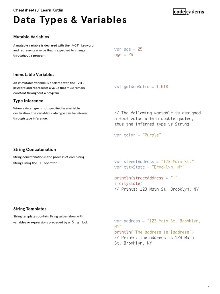 Learn Kotlin Data Types And Variables Cheatsheet Codecademy Pdf String Computer Science