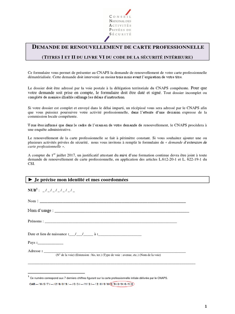 Formulaire Renouvellement Carte Pro Cnaps | PDF