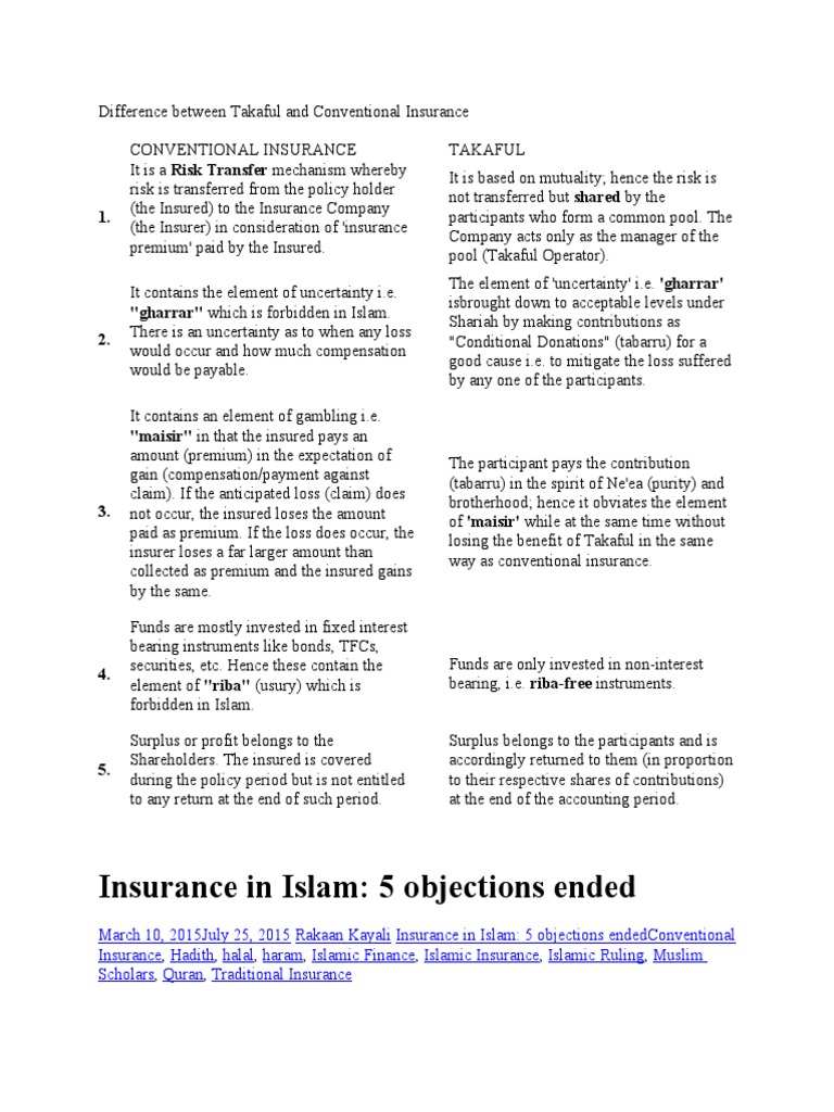 Difference Between Takaful and Conventional Insurance | PDF | Insurance ...